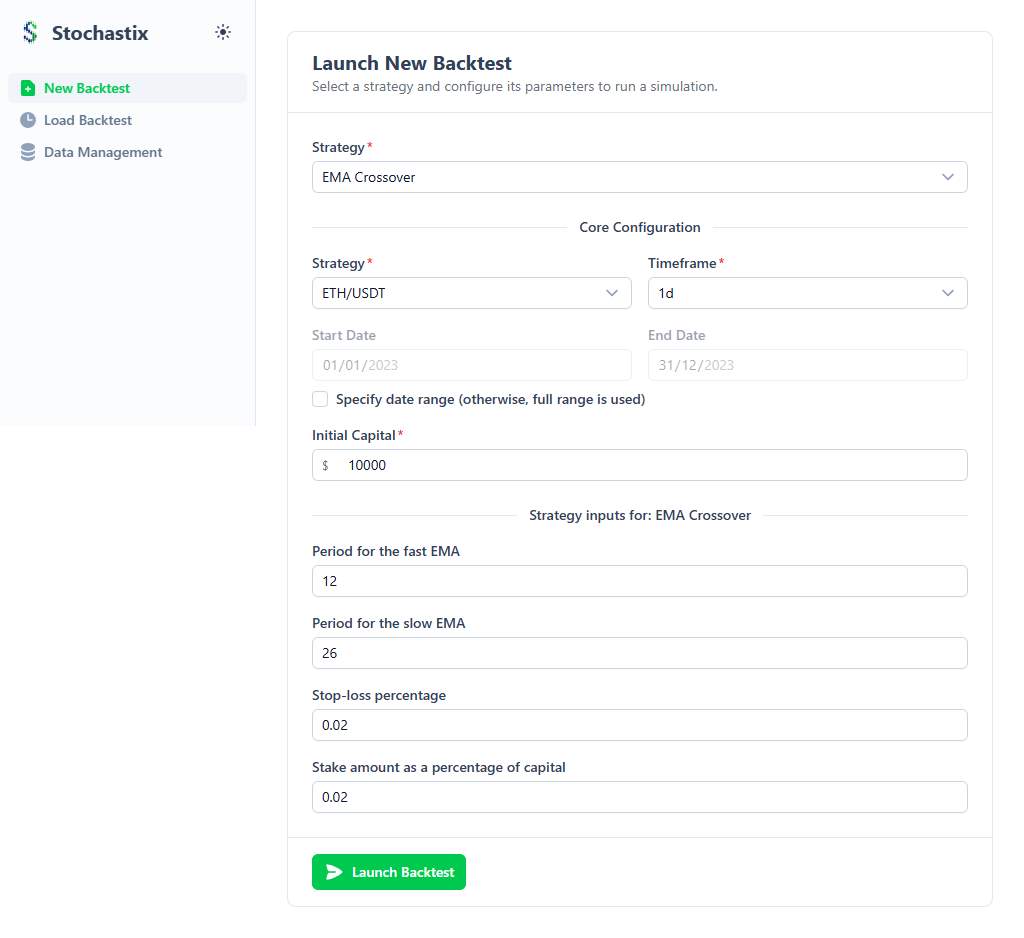 Configure a new backtest in Stochastix